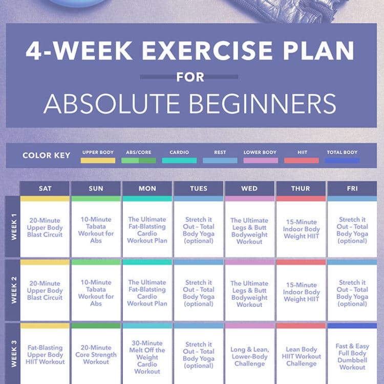 4 Week Exercise Plan For Absolute Beginners With Calendar