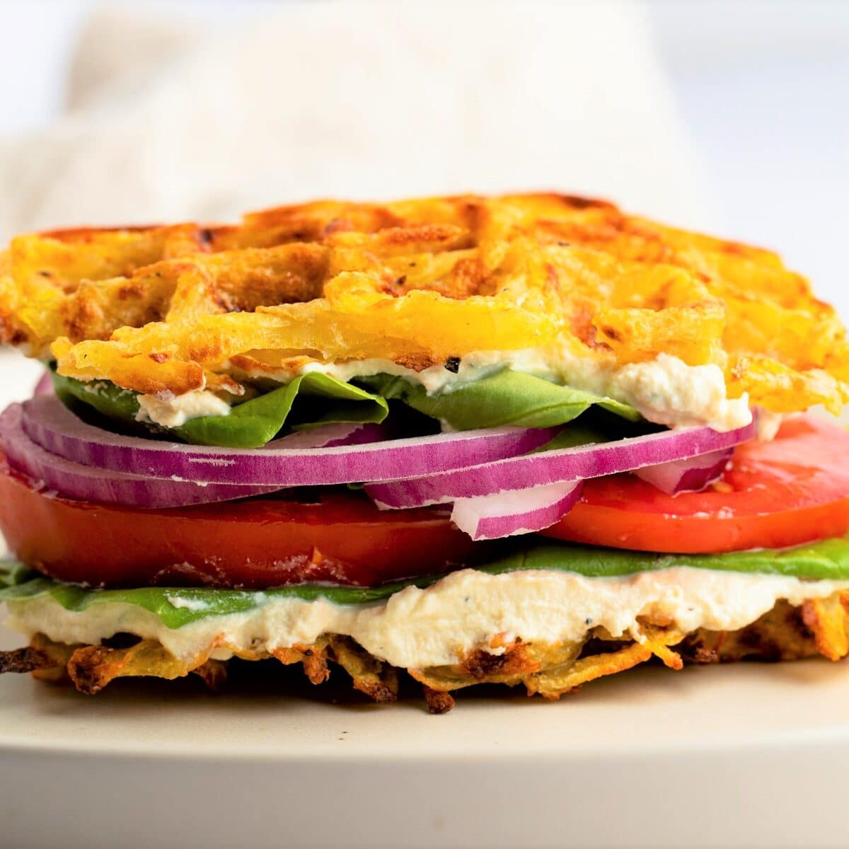 Crunchy and Creamy Hash Brown Waffle Sandwiches with Tofu Ricotta